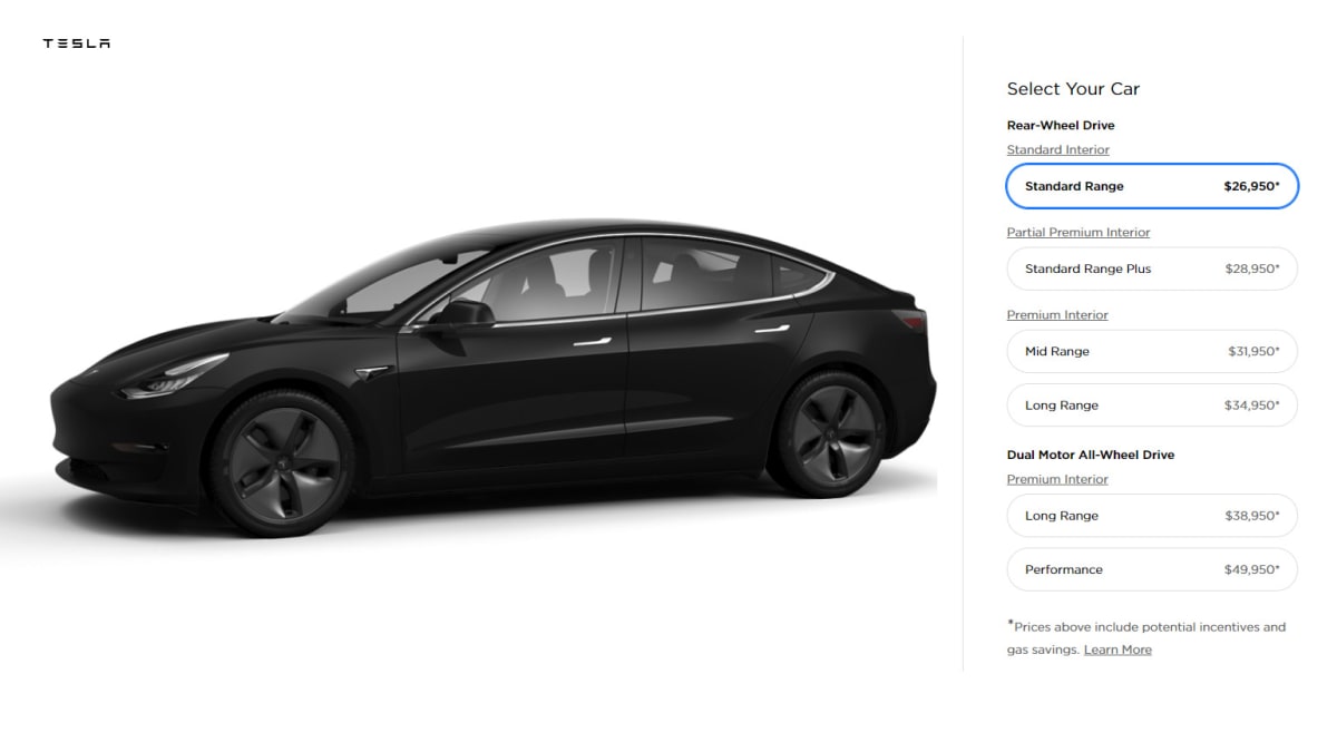 What comes standard on a tesla model 3 store