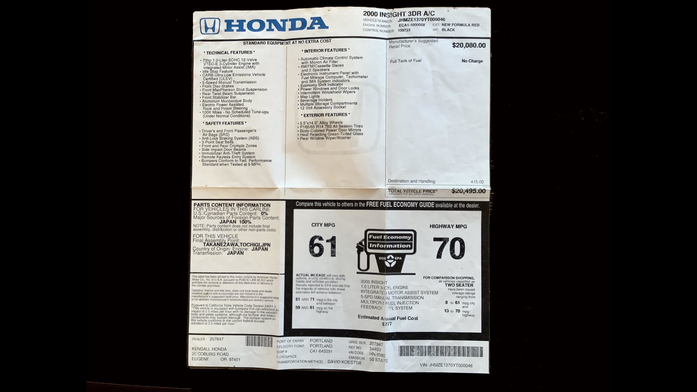 This original Honda Insight for sale has only 5,400 miles - Autoblog